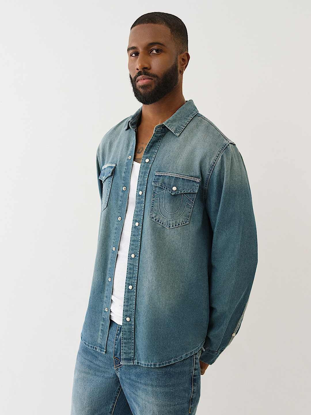 True Religion Denim Shirt Horseshoe Chambray Ls Medium Cozy Fireside W